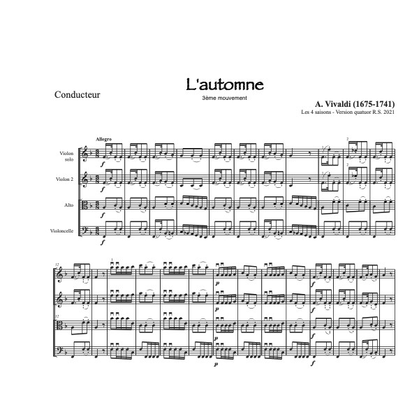 VIVALDI - 4 SAISONS - L'AUTOMNE - QUATUOR - Partitions en ligne
